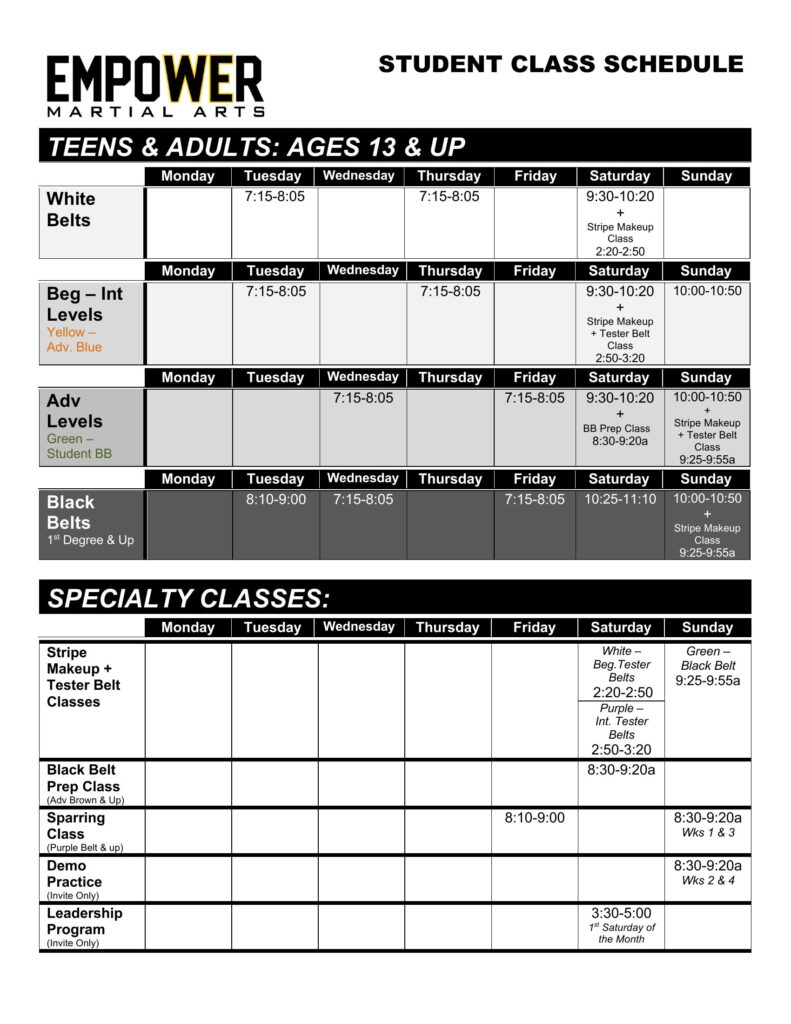 Empower Martial Arts | Dublin, CA | Class Schedule